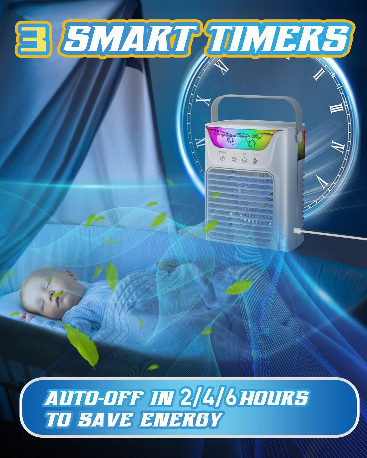 Portable Air Conditioner, 650ML Evaporative Personal Air Cooler Fan with 2 Cool Misting, 3 Speeds, 2~6h Timer & 7 Night Light, Small Air Conditioner Humidifier Portable Fan for Bedroom Office Camping