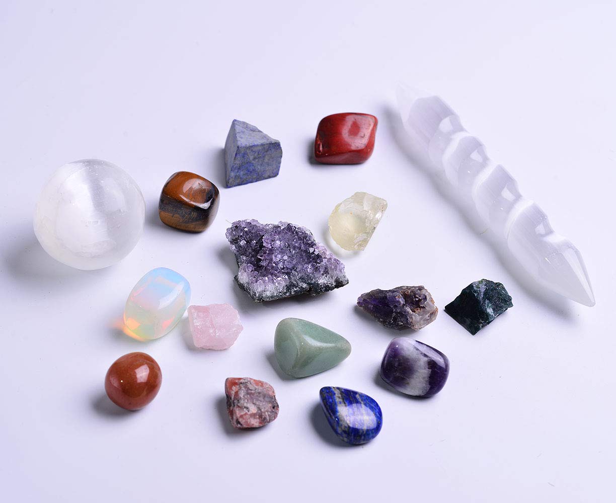 JIC Gem Healing Crystals Kit (16 pcs Set), 6 Raw Chakra Stones, 7 Tumbled Gemstones, Amethyst, Selenite Spiral Wand Double Points, Selenite Sphere Ball