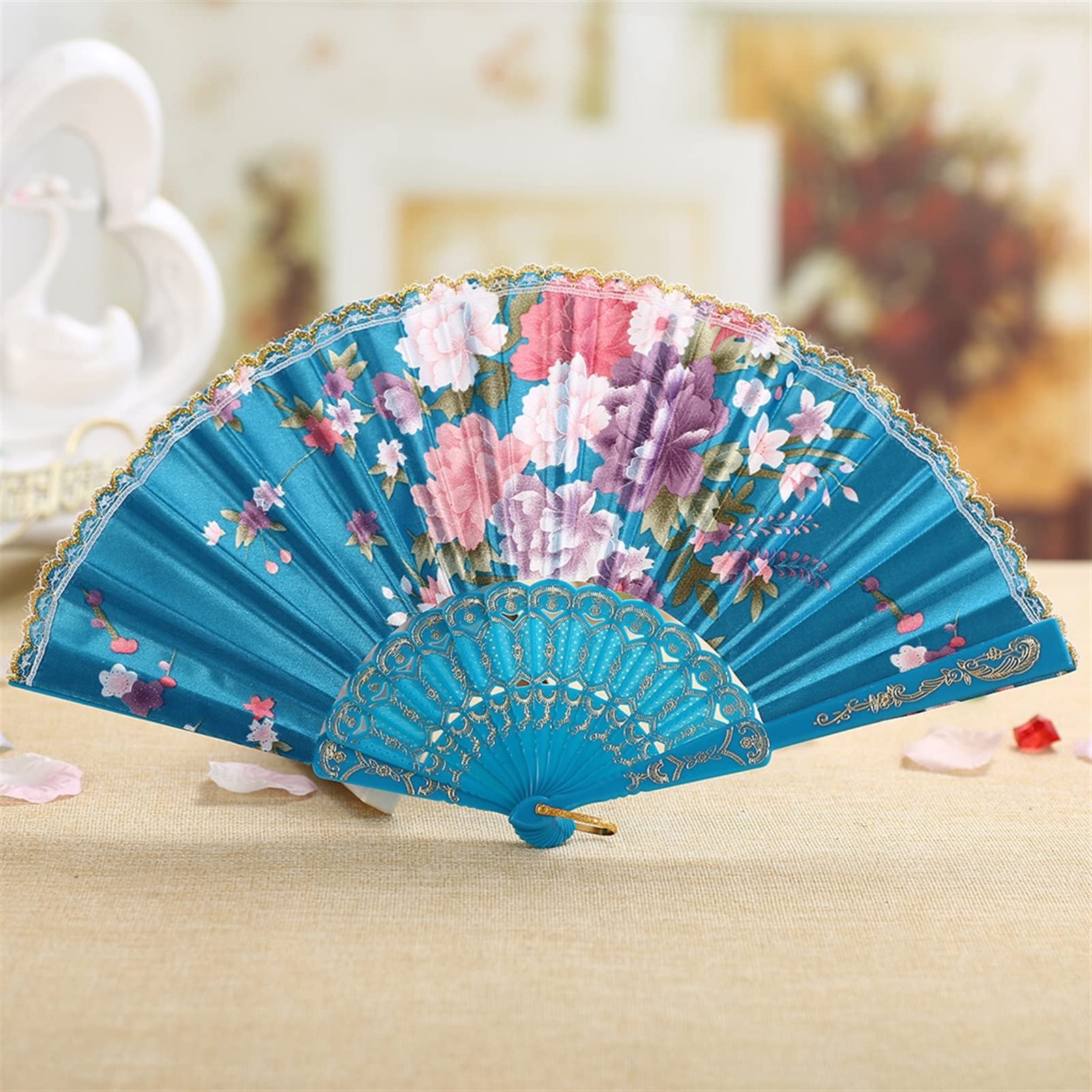ONGHAHYIS Folding Fans Folding Fans Beauty Lace Dance Wedding Hand Fan Folding Held Flowers Fans Decorative (Color : Deep Blue)