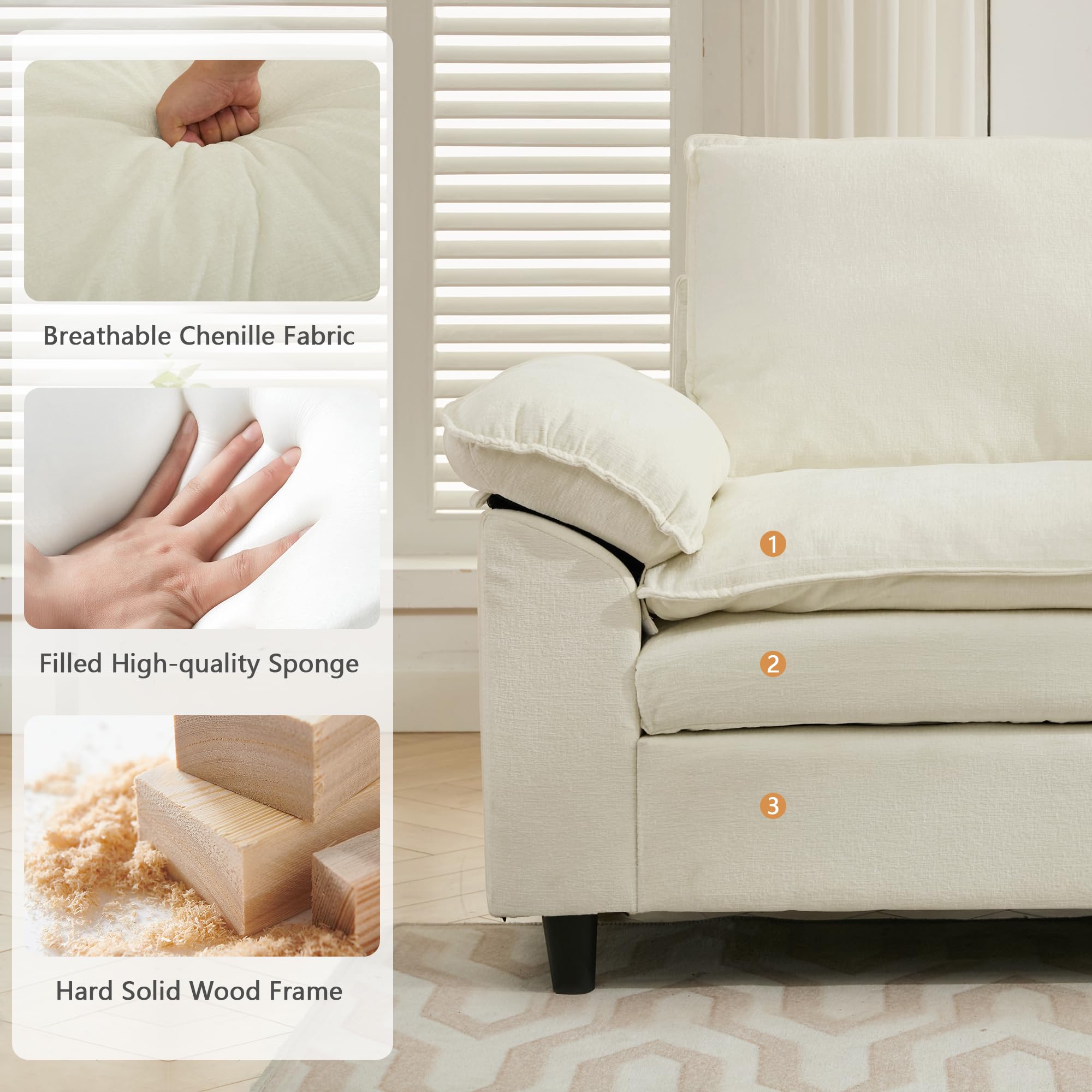 Vliekcy Modular Sectional Sofa, Modern 85 Inch Chenille Loveseat Couch, 2-Seater Comfy Cloud Couches with 2 Movable Ottoman for Living Room Office Apartment, Chenille, Beige
