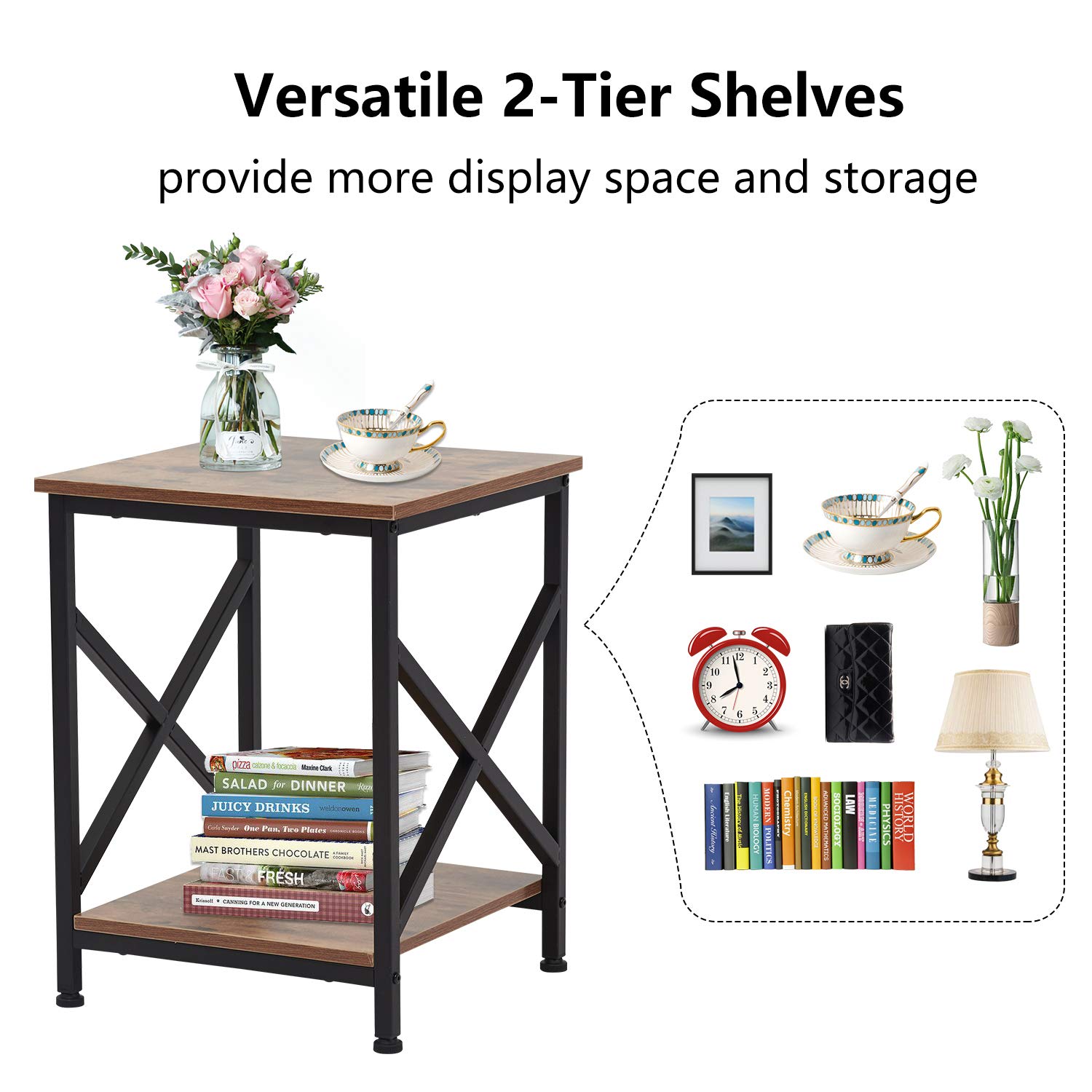Kinsuite End Tables Nightstand Industrial Sofa Side Tables with Storage Shelf Metal Frame Accent Furniture for Living Room Bedroom, Rustic Brown