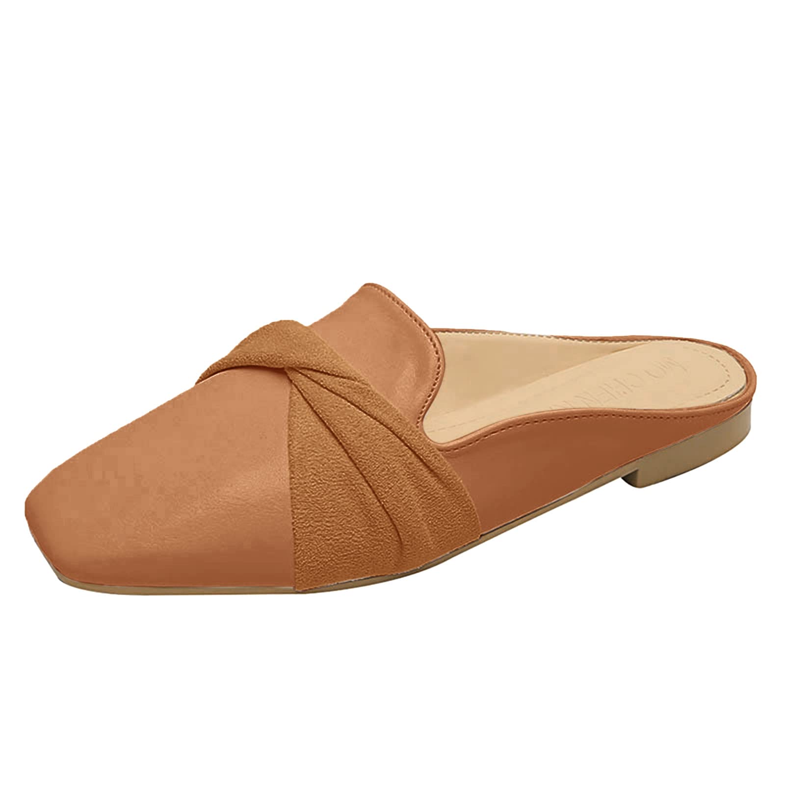 Ladies Fashion Solid Color Leather Round Head Half Slippers Flat Comfortable Casual Casual Shoes for Women with Heel Brown