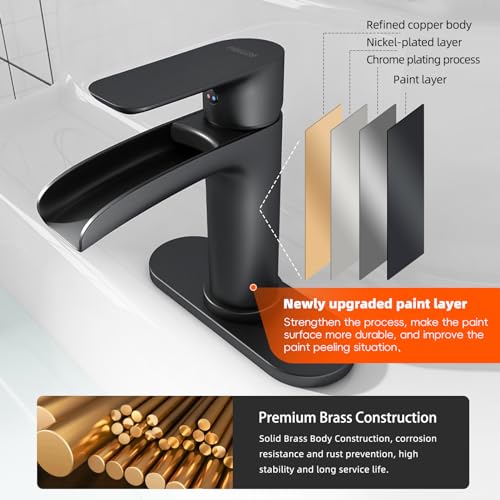 NEWATER Waterfall Brass Bathroom Faucet Single-Handle Black Bathroom Sink Faucet Matte Black Single Hole or 3 Holes 4 inch faucet for bathroom sink,RV Vessel Vanity Faucet with Deck Mount,Pop-Up Drain