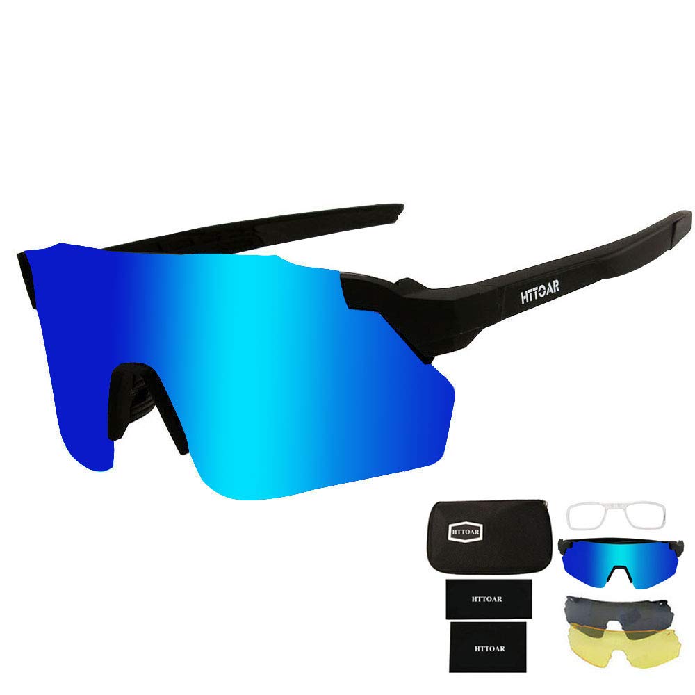 HTTOAR Cycling Glasses Sports Sunglasses with 3 Interchangeable Lenes for Men Women (Black blue)