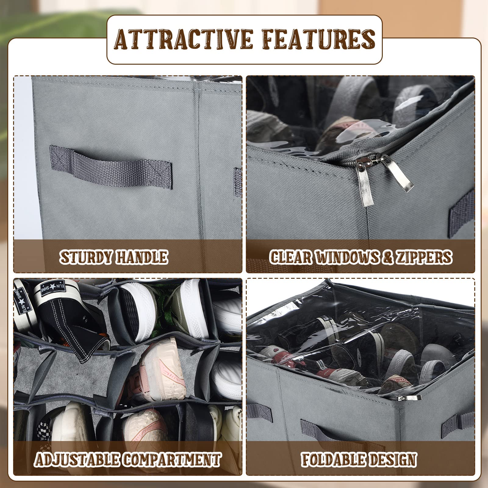 Irenare 2 Pcs Shoe Organizer for Closet Large Shoe Box Fits Total 24 Pairs Storage Containers Gray Boot Storage Shoe Bin for Entryway with Adjustable Dividers Clear Cover Handles