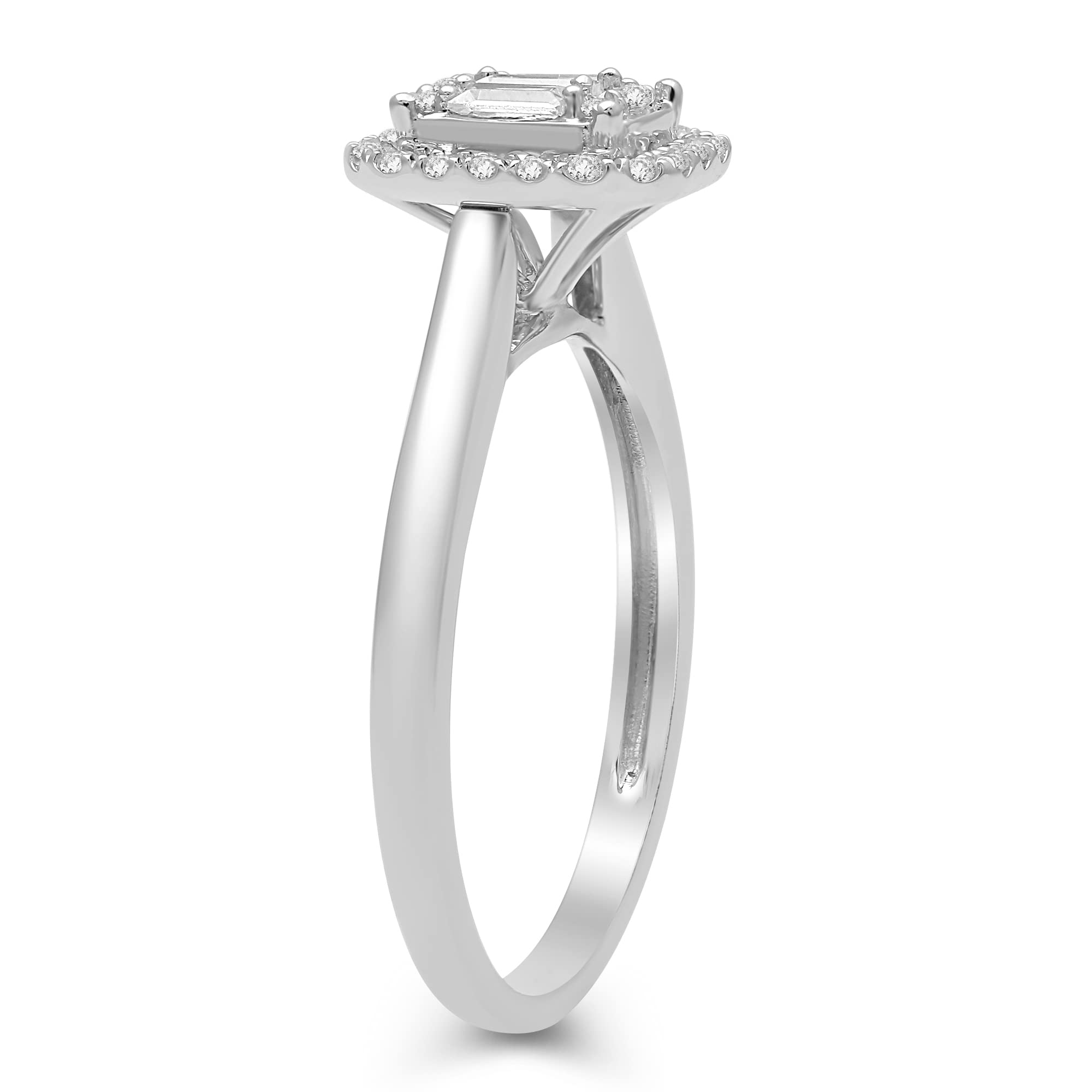 Jewelili 10K White Gold 1/3 Cttw Natural White Baguette and Round Diamonds Bridal Ring, Size 7