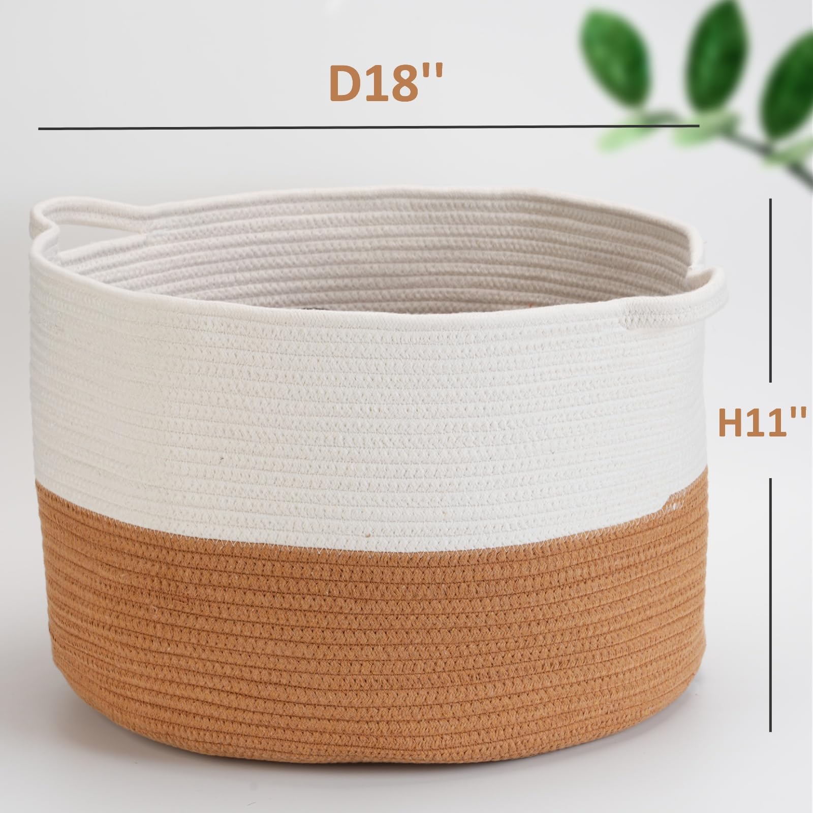 Jolma's Large Cotton Rope Storage Basket, 18'' x 11'' Round Laundry Nursery Woven Bin for Storing Blankets Clothes and Toys in Room, White & Brown