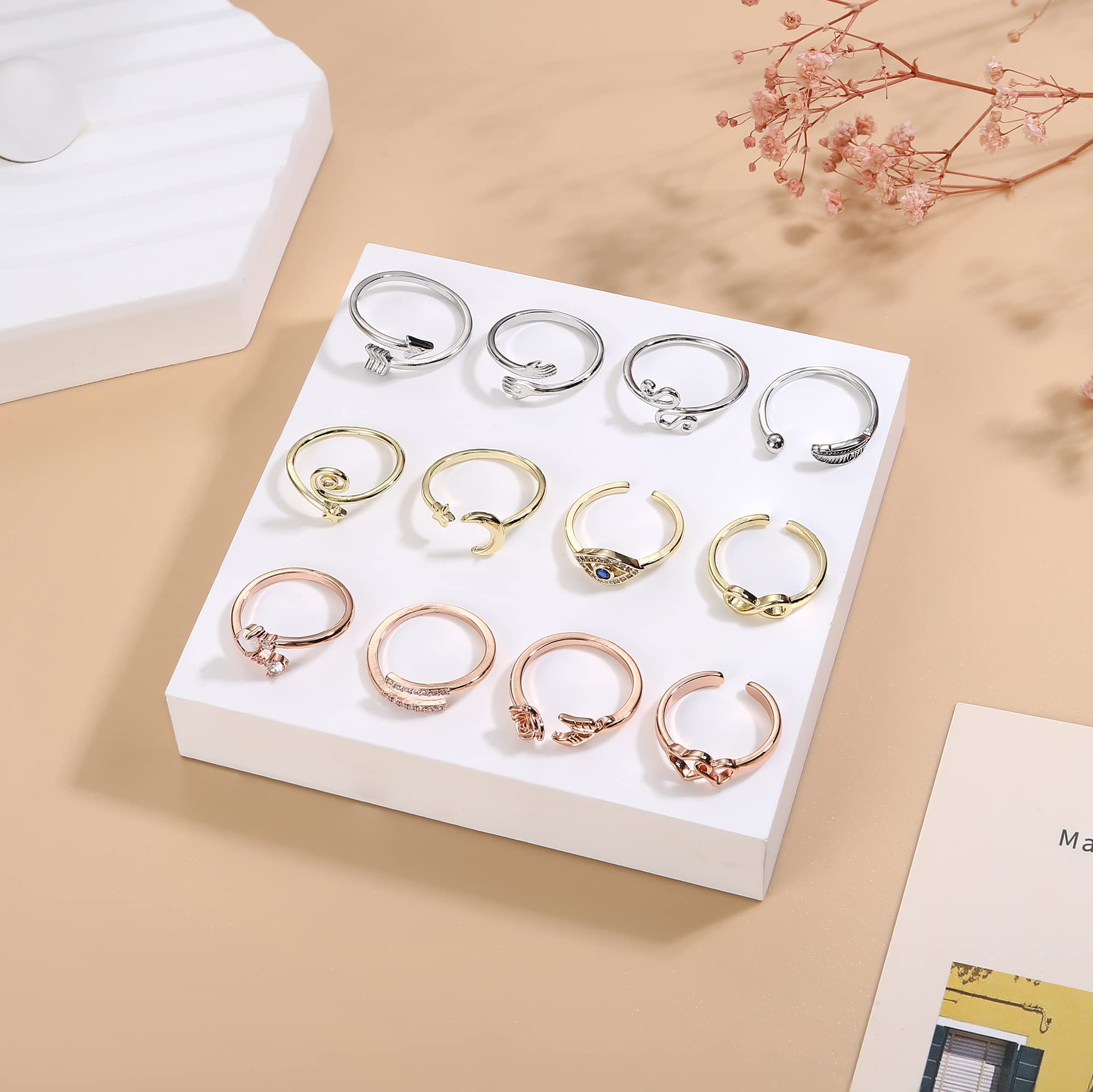 Kakonia 12Pcs Adjustable Rings for Women Knuckle Rings Evil Eye Arrow Wave Knot Cute Star Moon Flower Open Rings Set Stackable Thumb Joint Finger Rings