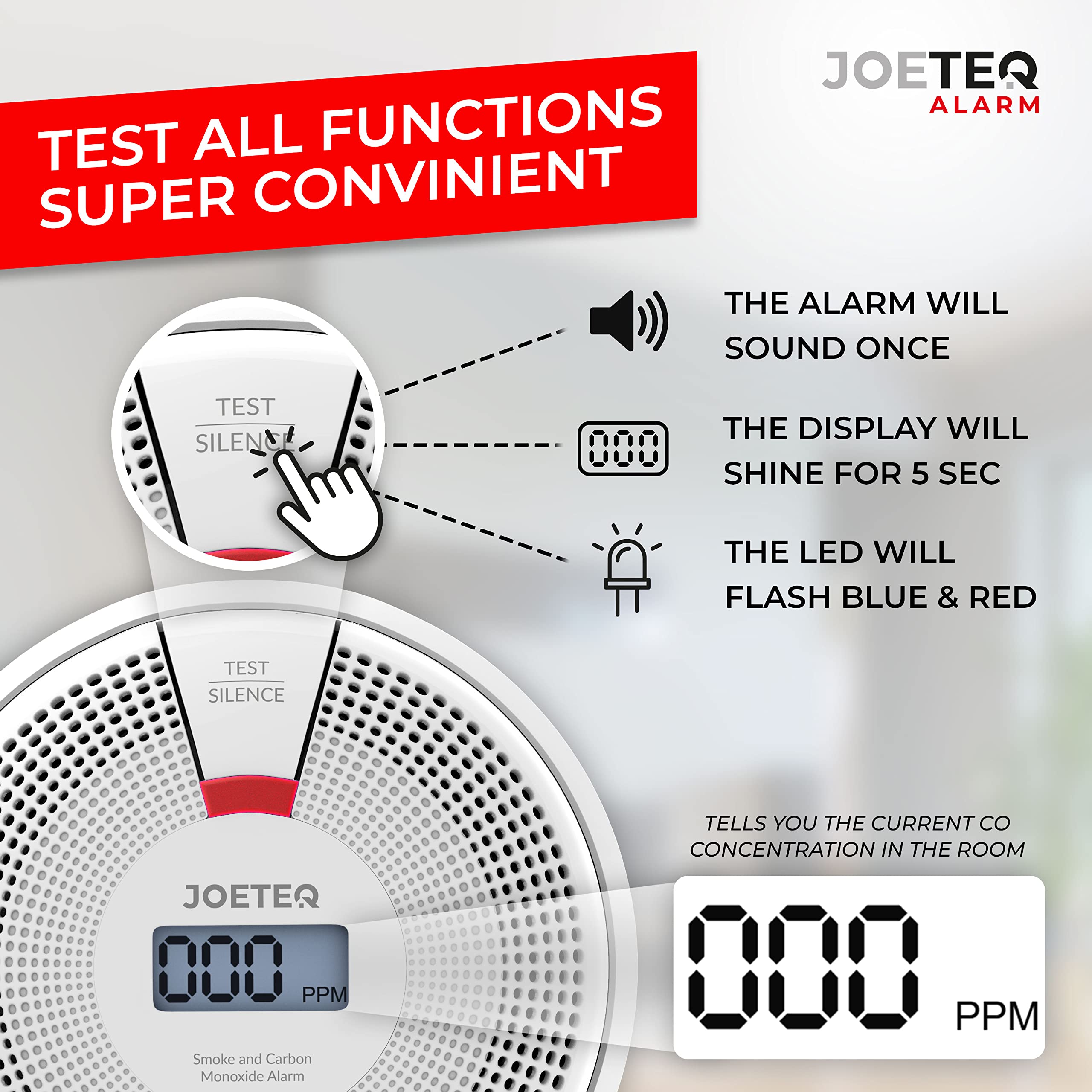 JOETEQ 2-in-1 Smoke and Carbon Monoxide Detector 10 Year Battery Operated Included - No Drilling Easy Adhesive Installation, SC01-BS, 1pcs