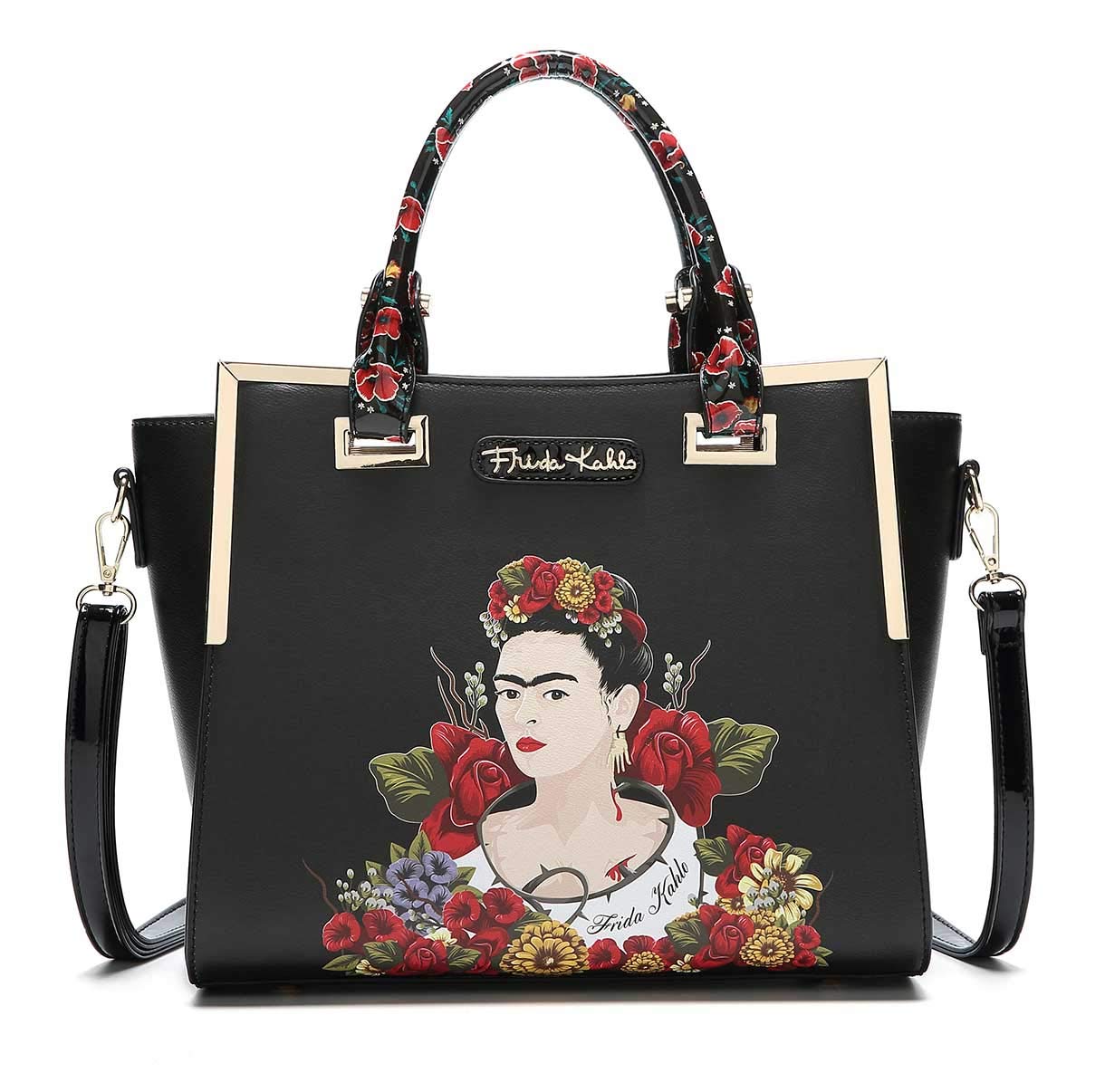 LuxeBag Frida Kahlo Flower Collection Faux Leather Handbag with Long Strap (Black/Black)