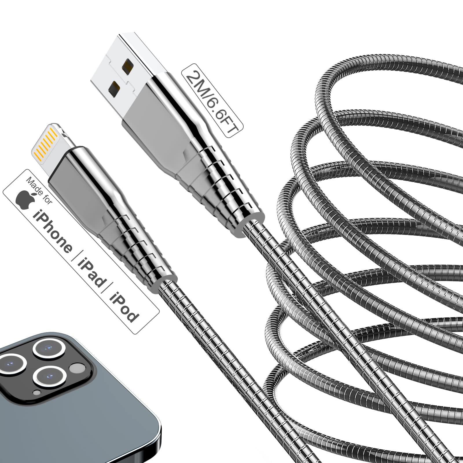 Metal Braided iPhone Charger Cable 6.6Ft/2M Long Lightning Cable Apple MFi Certified Fast Charging iPhone USB Cord iPhone Syncing Data Cable chew Proof for iPhone 13/12/11/X/Max/8/7/Plus/ipad