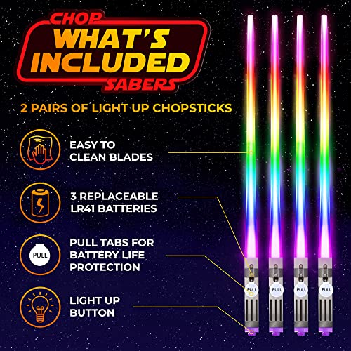 LIGHTSABER CHOPSTICKS LIGHT UP STAR WARS LED Glowing Light Saber Chop Sticks REUSABLE Sushi Lightup Sabers Bright LEDs - 8 Color Modes - 2 Pairs