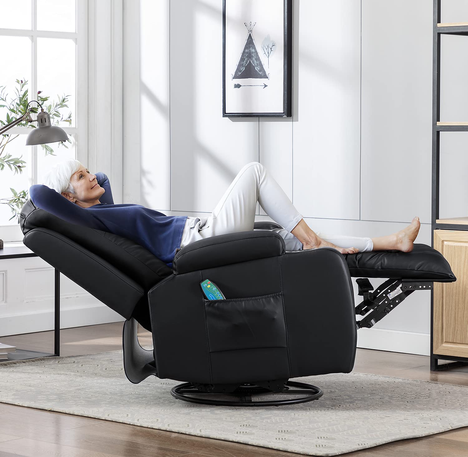 JOMEED Massage Rocking Recliner Chair with Heated 360 Degree Swivel PU Leather Recliner Sofa with Cup Holders for Living Room, Vibration