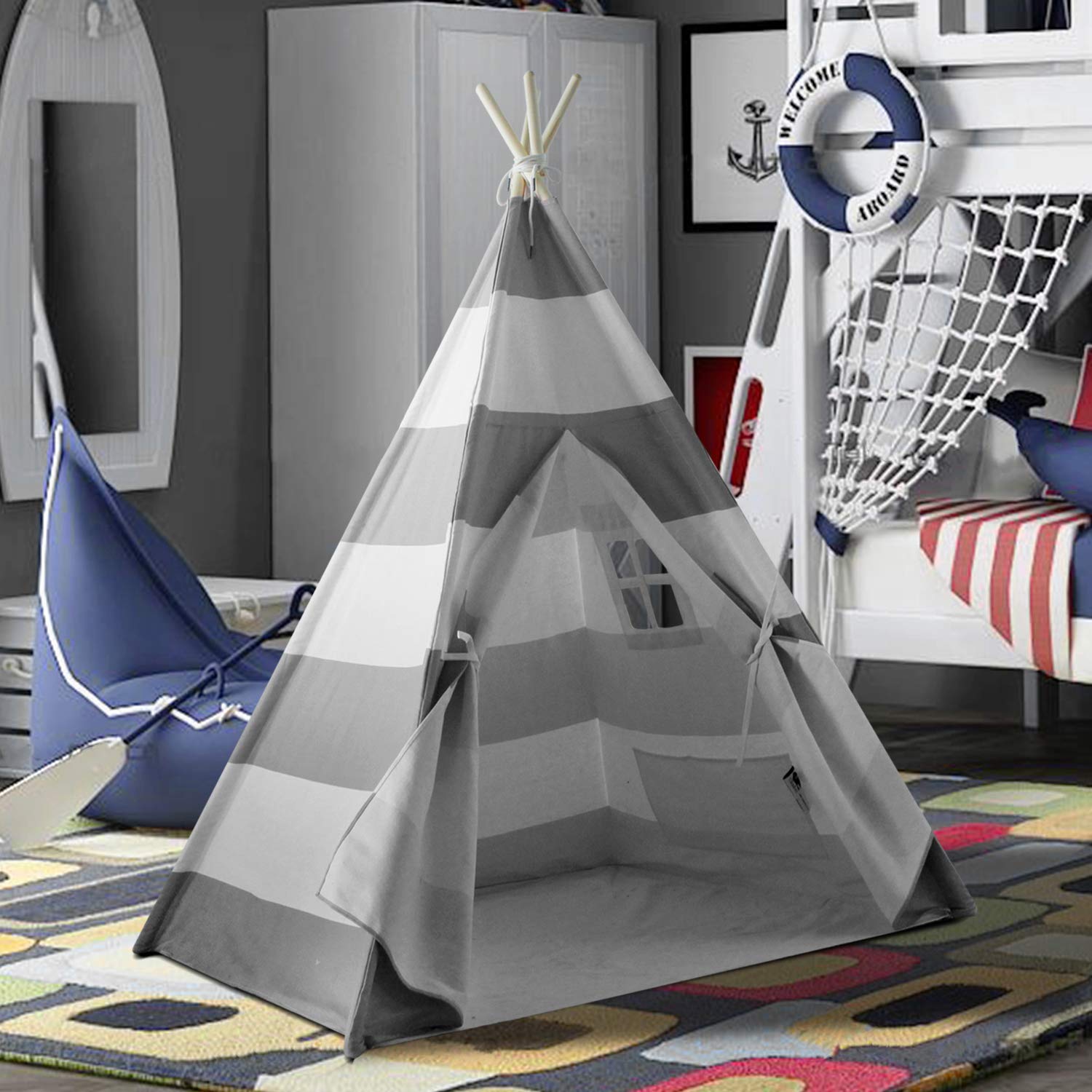 Kids Teepee Tent for Kids Play Teepee Tent for Boys Indoor Outdoor Play House, Kids Teepee Play Tent for Boys,Canvas Tipi Tent Kids,Grey Stripe Teepee