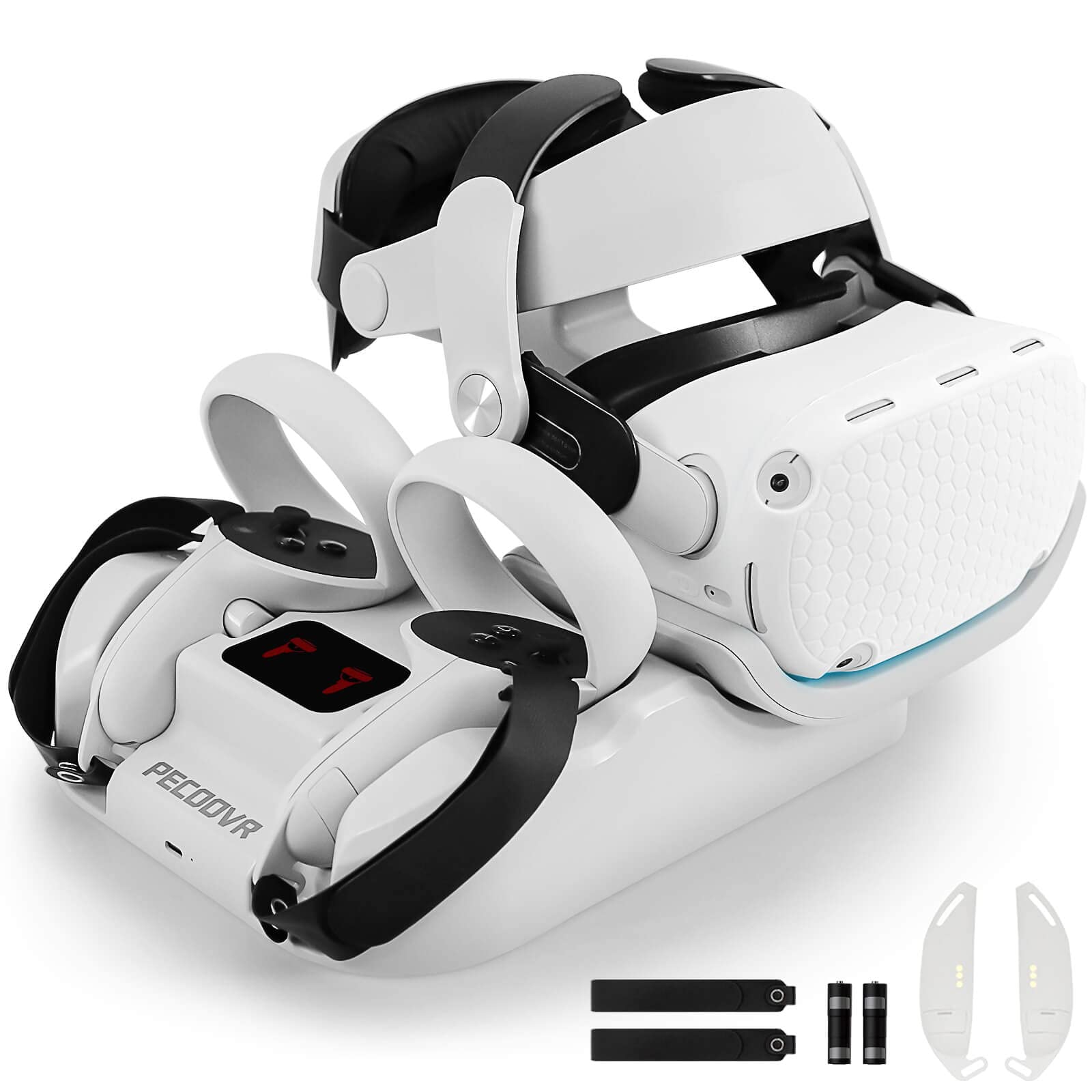 PECOOVR Charging Dock for Oculus Quest 2 (Support Elite Strap with Battery), VR Charging Stand for Meta Quest 2, Headset Holder and Controller Magnetic Charging Station with Rechargeable Batteries