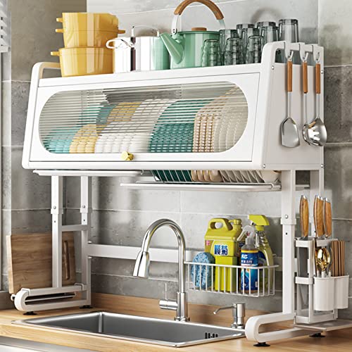 wercome Over The Sink Dish Drying Rack 3 Tier Large Kitchen Sink Shlef Dish Rack Over The Counter Metal Dish Drying Rack Adjustable (28.34"-31.49") (White)