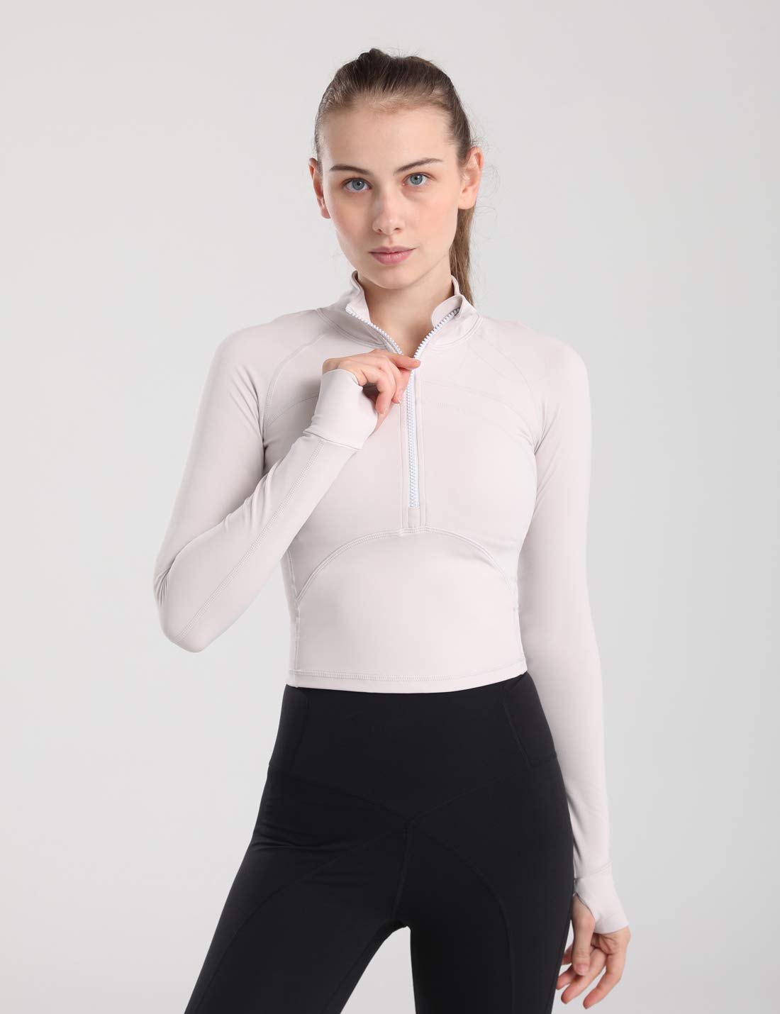 Locachy Women's Slim Fit Half Zip Workout Yoga Jacket Athletic Running Track Tops with Thumb Holes White Medium
