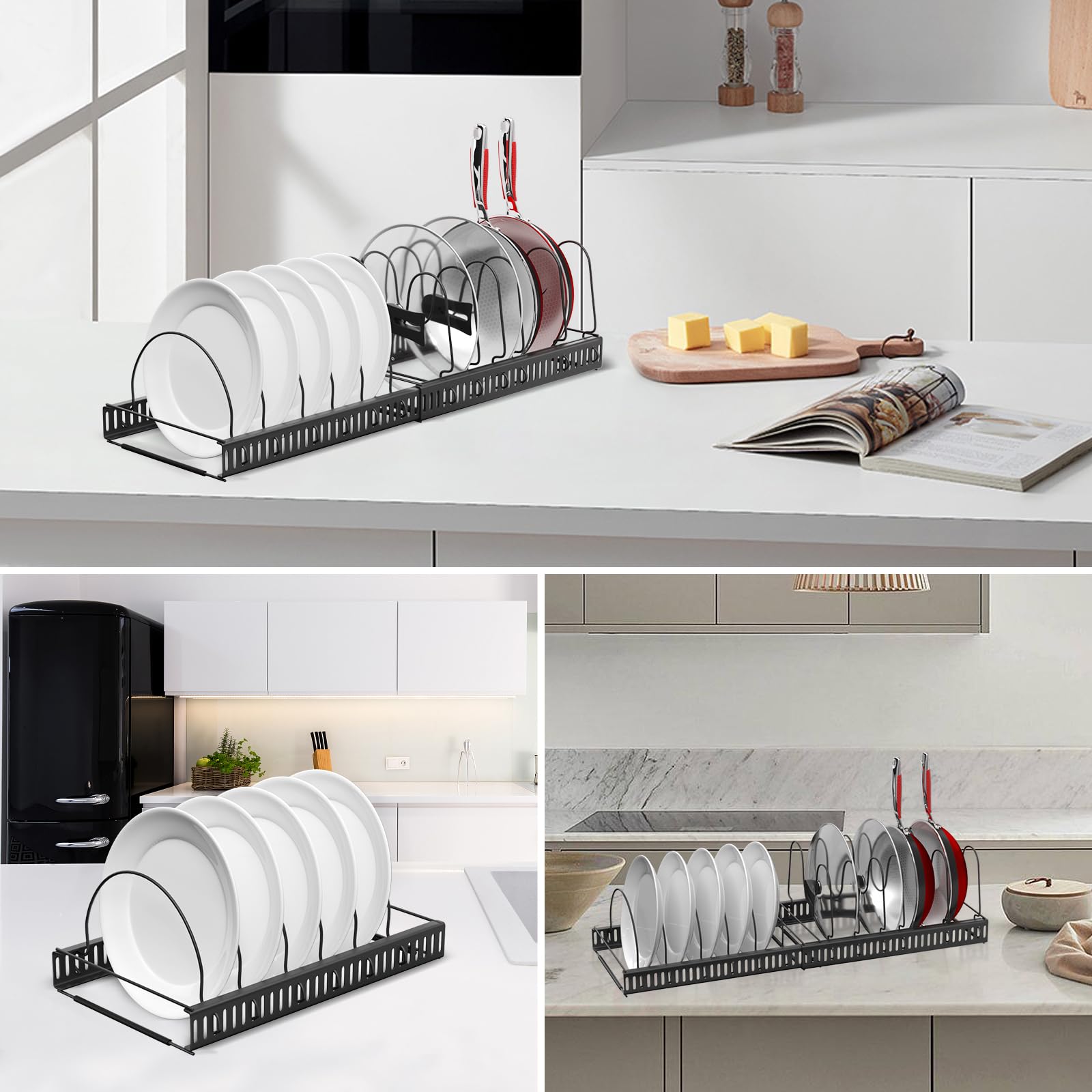 iHeartYard Pot and Pan Organizer for Cabinet, Length Adjustable Pan Rack with 12 Adjustable Compartment, Kitchen Cabinet Organizer for Cutting Board, Cast-iron Pan, Heavy Cookware