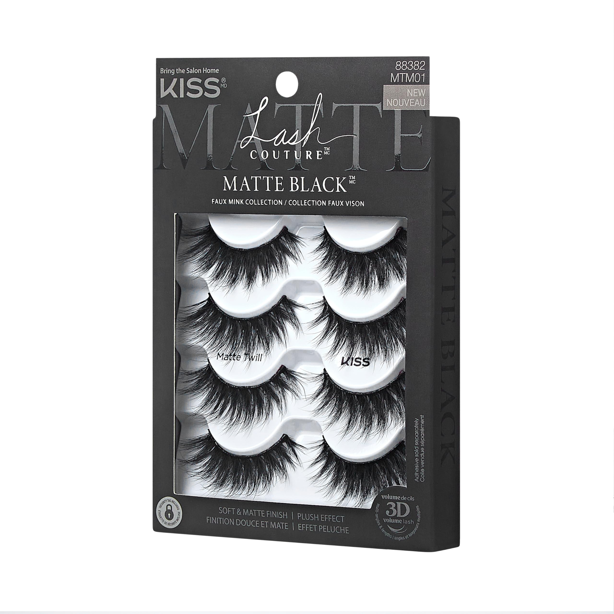 KISS Lash Couture 3D Matte False Eyelashes, Matte Twill', 14 mm, Includes 4 Pairs Of Lashes, Contact Lens Friendly, Easy to Apply, Reusable Strip Lashes