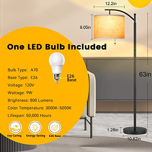 JOOFO Standing Floor Lamp with Pull Chain Switch, Fabric Linen Shade, 3 Color Temperatures Tall Arc Lamps for Bedroom and Living Room,Dorm,Office, Black