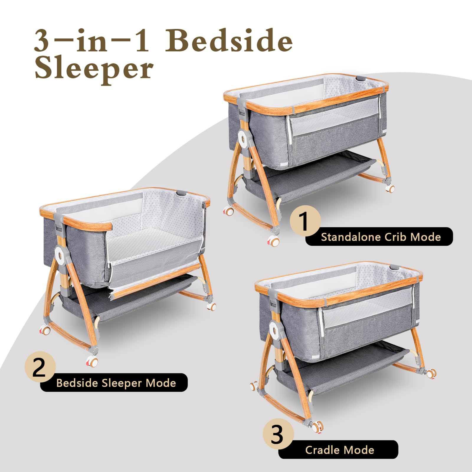 Komcot Baby Bassinet, Bedside Bassinet for Baby, 6 Height Adjustable Baby Bed, 3 in 1 Bassinet Bedside Sleeper with Wheels, Mosquito Net, Portable Bedside Crib for Infant/Baby/Newborn (Light Grey)