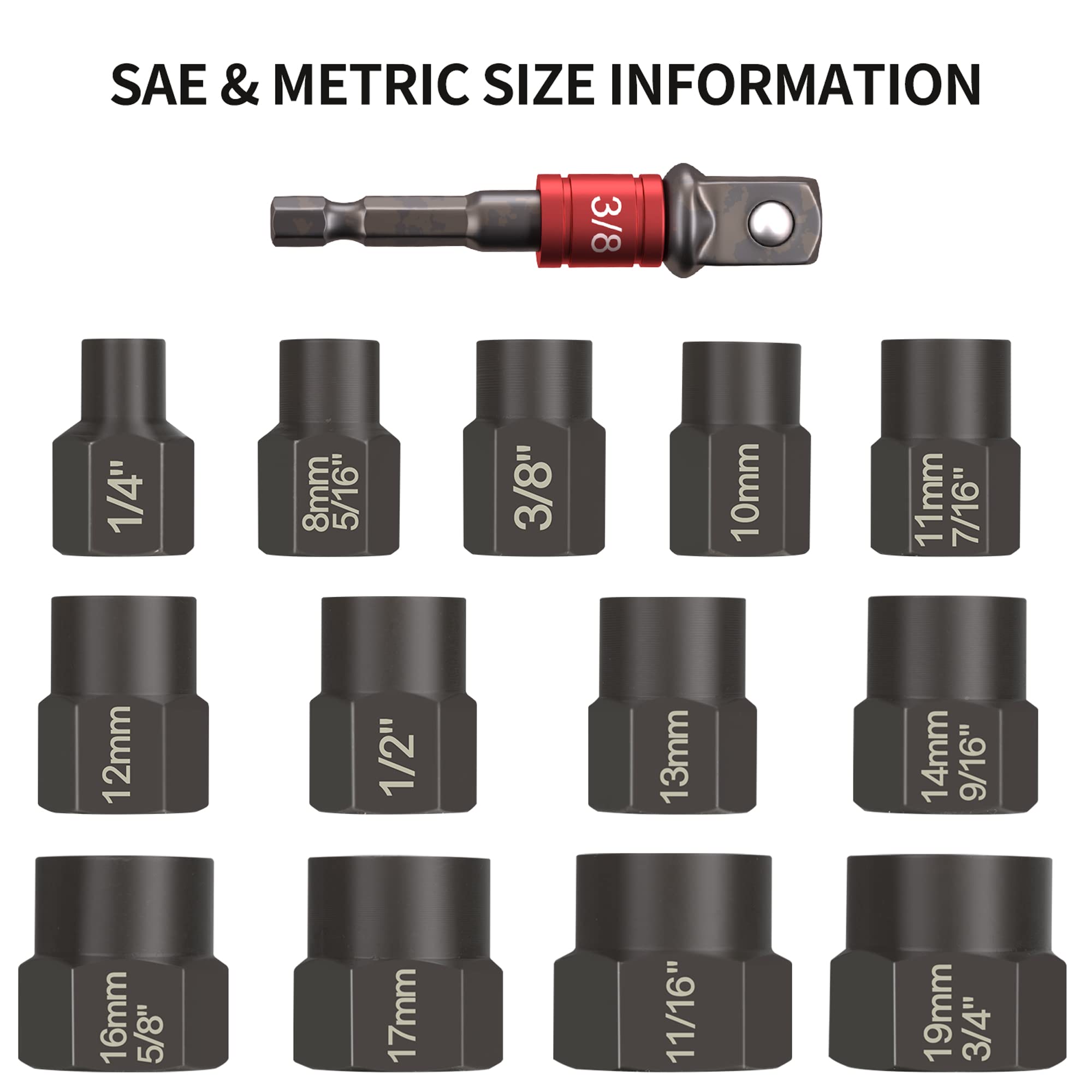 Hromee Impact Bolt Nut Remover Set, 13 Pieces Stripped Bolt and Damaged Lug Nut Extractor Tool