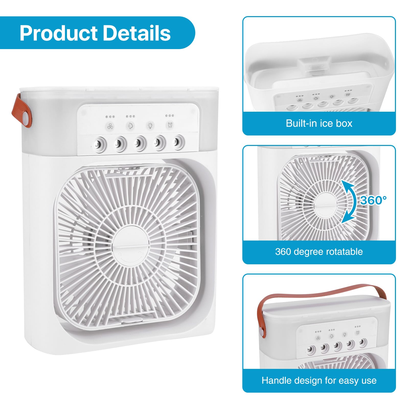 Portable Air Conditioner - Mini Evaporative Air Cooler Desk Air Conditioner Fan with 3 Wind Speeds, 3 Spray Modes, 1/2/3 H Timer and 7 Color Light, Air Cooling Fan