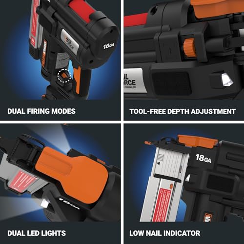 Worx Nitro 20V 18GA Brad Nailer Cordless Fires 80 Nails Per Minute, Cordless Nail Gun Anti-Ejection, Nail Gun Battery Powered Tool-Free Jam Release WX842L.9 Power Share – Tool only