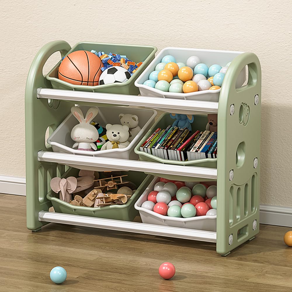 Kids Toy Storage Organizer, 3-Tier Shelves Multi-Functional Kids Storage Organizer with 6 Removable Bins Large Storage Capacity for Boys Girls Bedroom Playroom, Nursery (Blue)