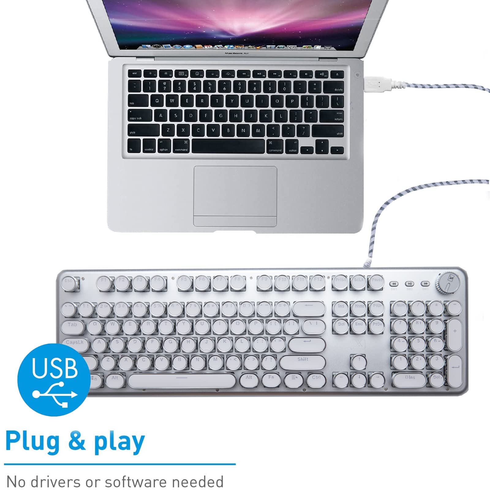 LIOURFE Typewriter Style Mechanical Gaming Keyboard with Blue Backlit 108-Key Blue Switch Retro Round Keycap, Silver