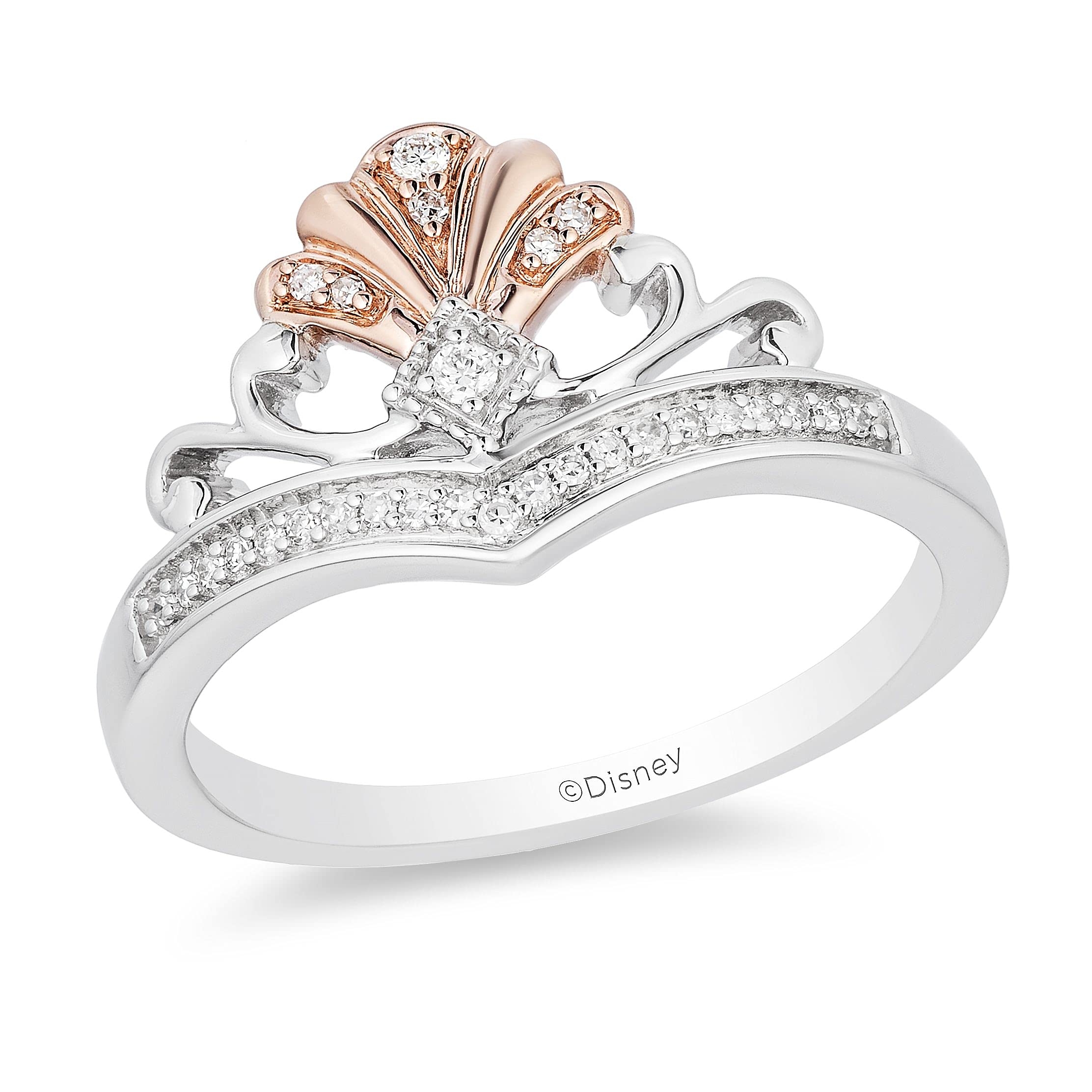 Jewelili Enchanted Disney Fine Jewelry 14k Rose Gold over Sterling Silver 1/10 Cttw Diamond Ariel Shell Tiara Ring Size 6