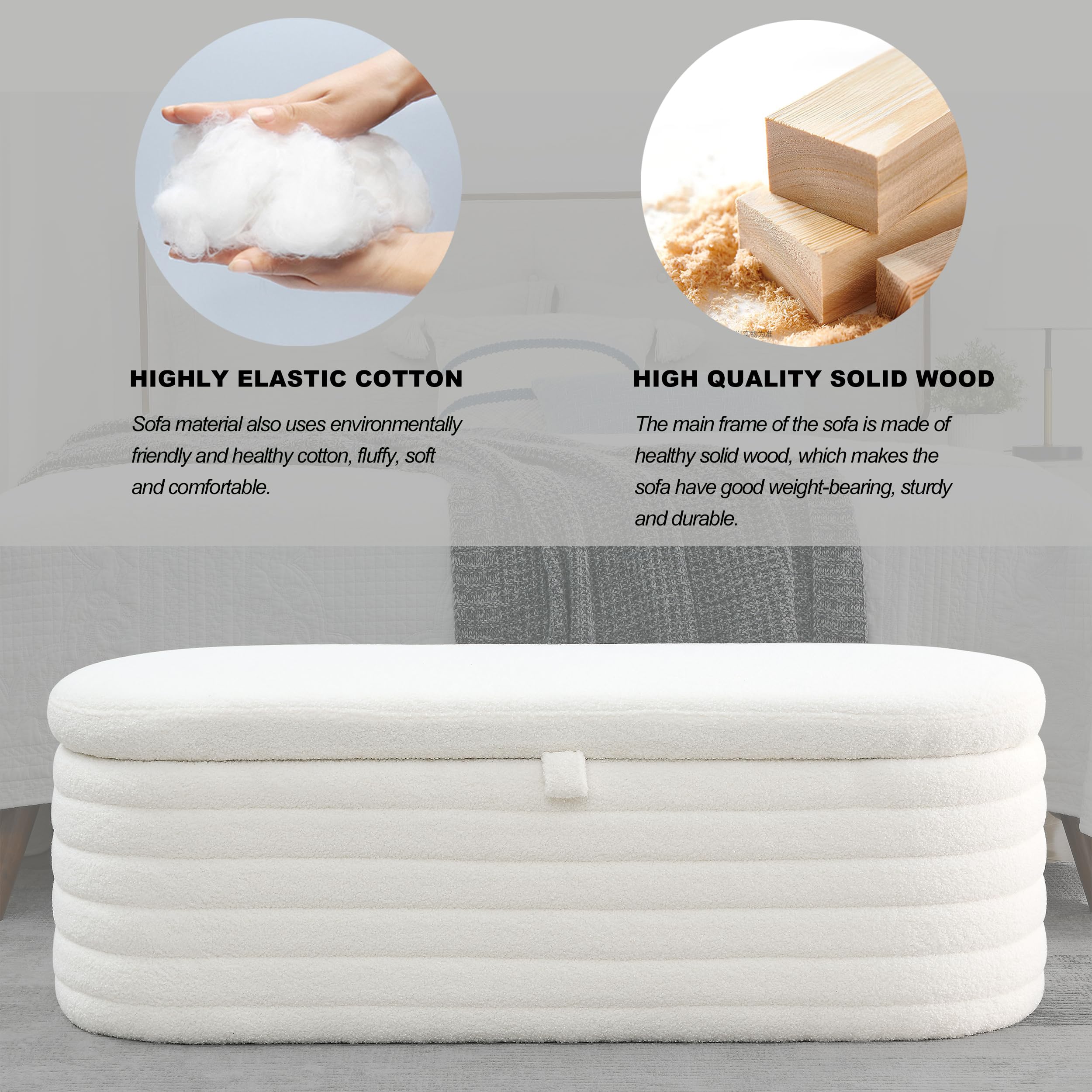 IMGDD 45.5 inches Storage Ottoman Bench Upholstered Fabric Storage Bench End of Bed Stool with Safety Hinge for Bedroom, Living Room, Entryway (White)