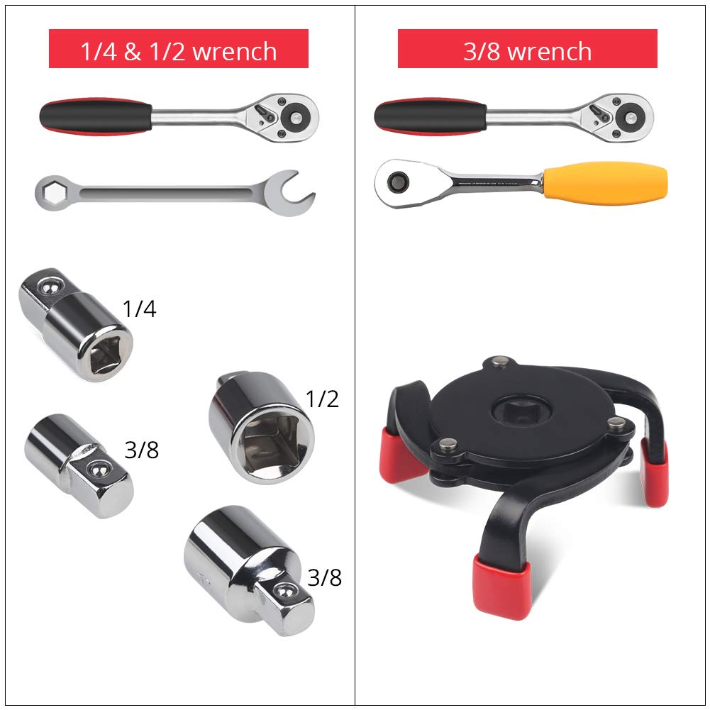 JDMON Universal Adjustable 3 Jaw Oil Filter Wrench Remover Tool for Removing Oil filters Range 2.4 inch from 3.8 inch in Diameter Include 1/2β-3/8β and 1/4β-3/8β Drive Adapter