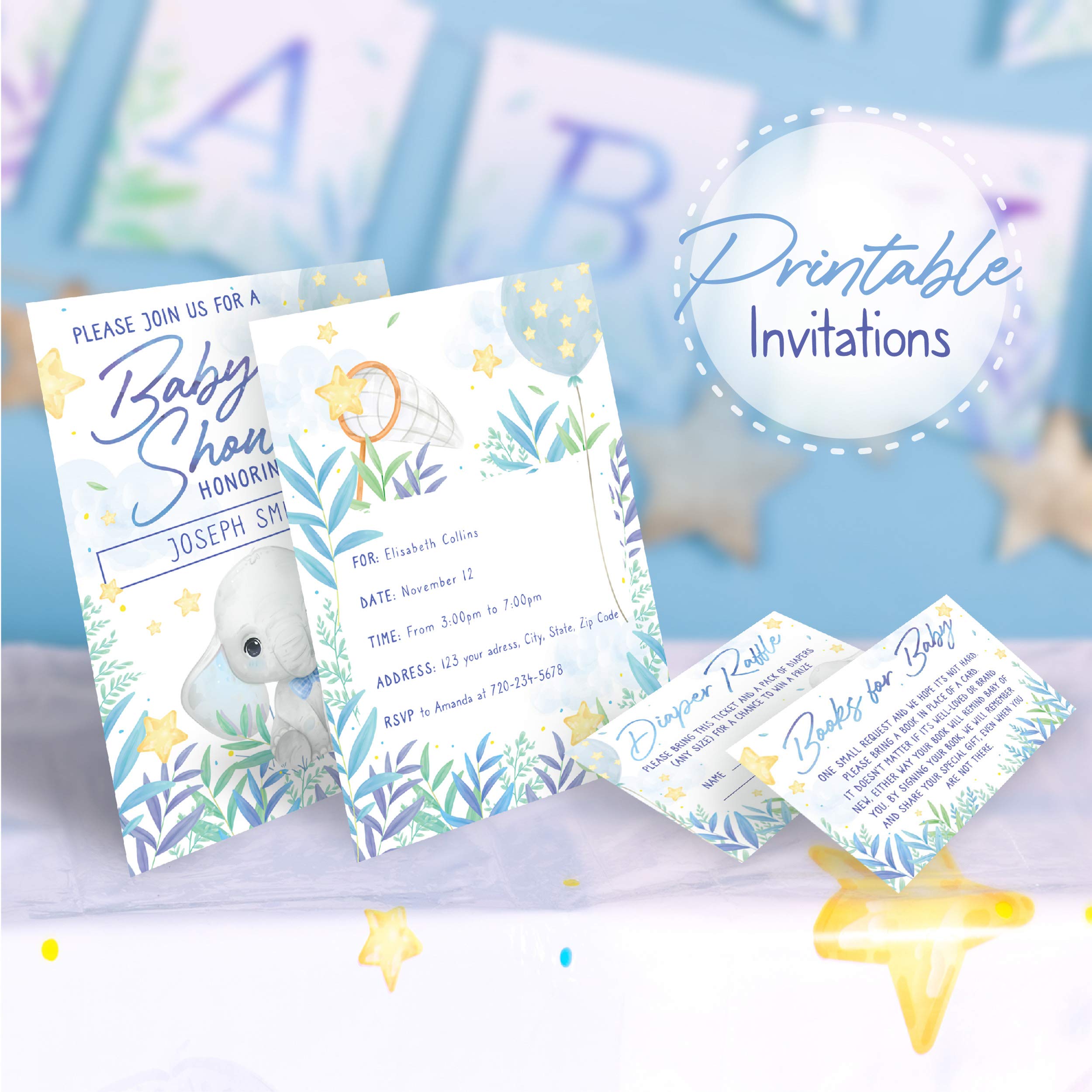 Joyful Toys 20 Baby Shower Elephant Invitations With 20 Envelopes, 20 Diaper Raffle Cards, 20 Baby Shower Book Request Cards