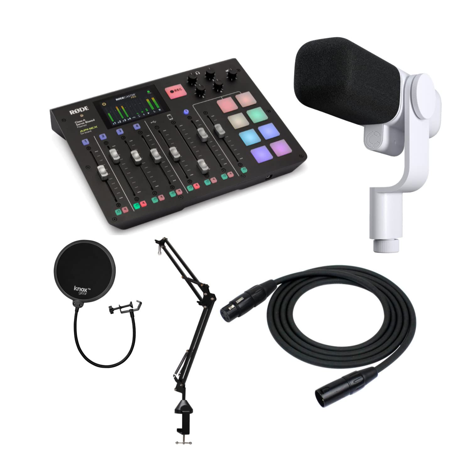 Logitech Blue Sona Active Dual-Diaphragm Dynamic XLR Broadcast Microphone with ClearAmp (Off-White) Bundle with Podcast Production Studio, Microphone Stand, Cable, and Pop Filter (5 Items)