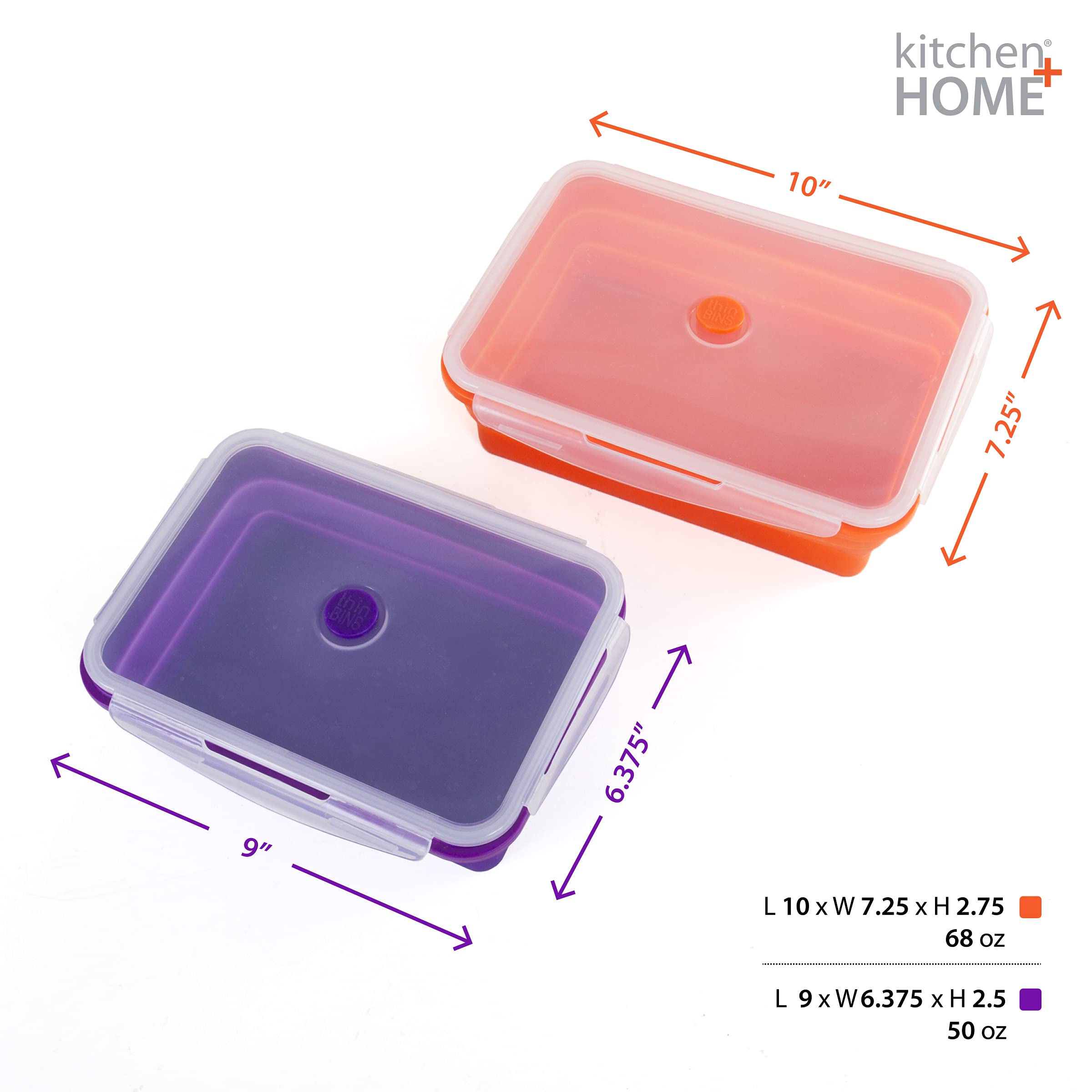Kitchen + Home Thin Bins Collapsible Containers β Set of 2 Extra Large Rectangle Silicone Food Storage Containers β BPA Free, Microwave, Dishwasher and Freezer Safe