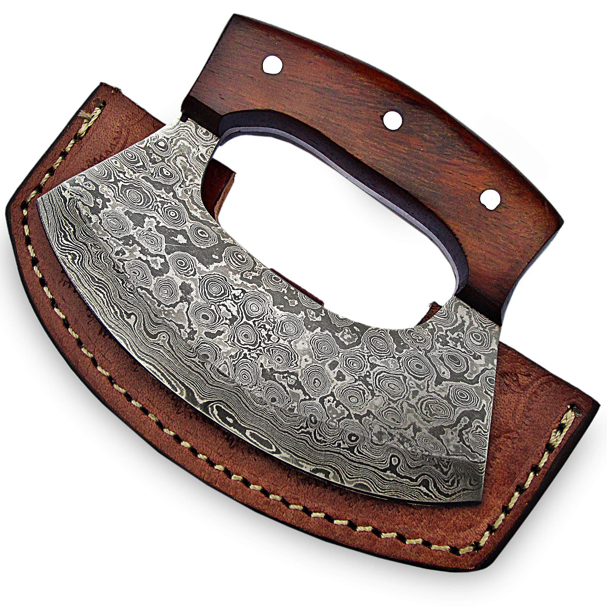 Knives - Alaskan Ulu - Mezzaluna Ulu Knife - Pizza Cutter Ulu - Traditional Ulu - Handmade Damascus Steel - Wood Handle - Ulu Knife - Vegetable Chopping Ulu - Crescent Blade (9891)