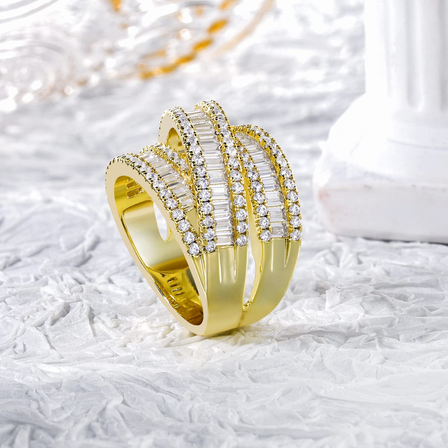OPOMOMO 14K Gold Plated Rings 3 Rows Eternity Wedding Band Halo Emerald Cut Lab Diamond Rings for Women Men (7)