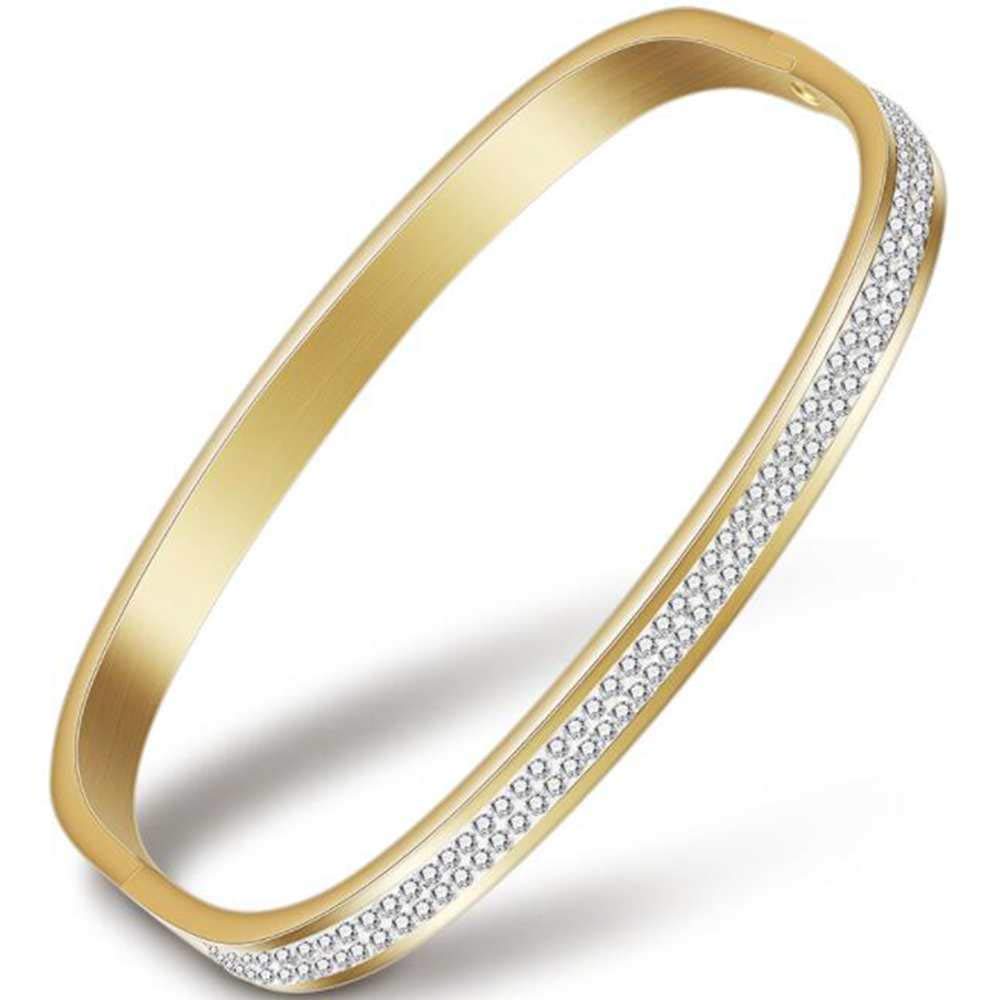 Jude Jewelers Stainless Steel Square Shape Cubic Zircon Open Cuff Bangle Bracelet (Gold)