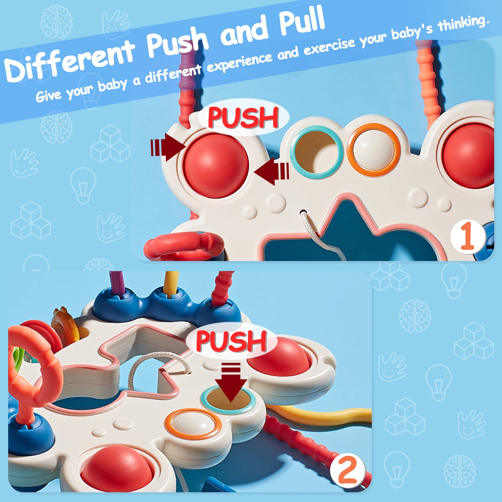 Montessori Toys for Babies, Baby Sensory Push & Pull String Toys, Multi-Play Developing Fine Motor Skill Travel Activity Toys for Infant Newborn