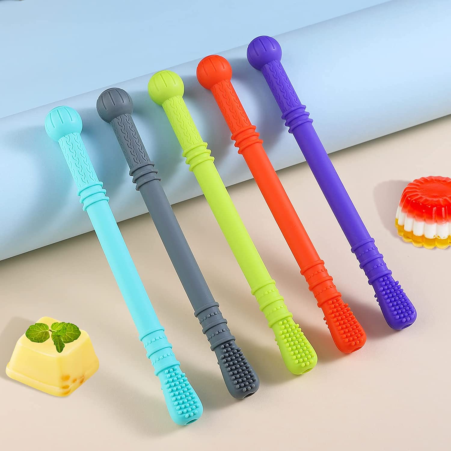 Meartchy Hollow Teether Tubes for Babies, 5 Pack Teething Tubes Toys for Baby Infants, Silicone Chew Straw Toy for Babies 0-24 Months