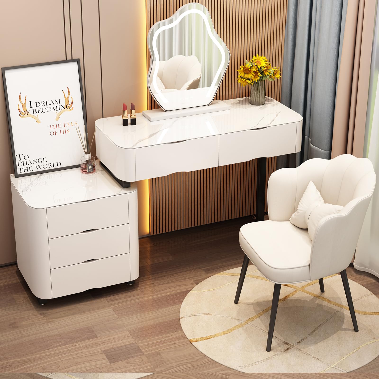 Hunlyman Makeup Vanity Desk, Modern Style Makeup Table Made of Solid Wood,Including Rotatable/Removable Touch Screen HD LED Mirror(3-Brigntness) and Soft Chair,Family Bedroom (39 Inch/100CM)