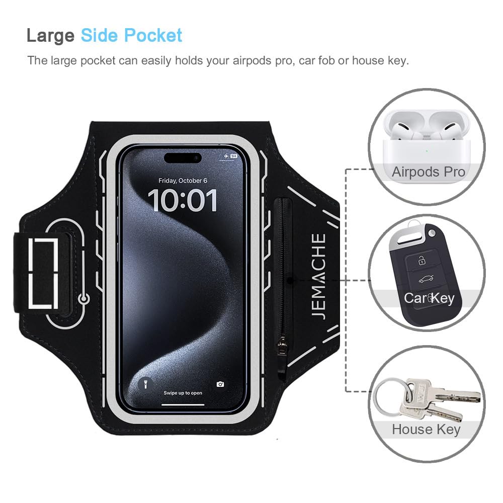 iPhone 15 Pro Max, 14 Pro Max Armband, JEMACHE Gym Workouts Running Phone Arm Band for iPhone 15/14 Plus, 15/14/13/12/11 Pro Max with Airpods Holder (Black)