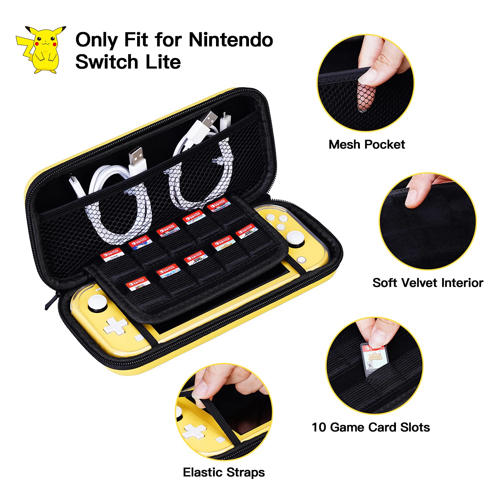 JINGDU Carrying Case Compatible with Nintendo Switch Lite, The Cute Yellow Storage Bag Accessories with 10 Game Card Slots is Convenient for Travel, Include Screen Protector & Hand Strap, Pikachu