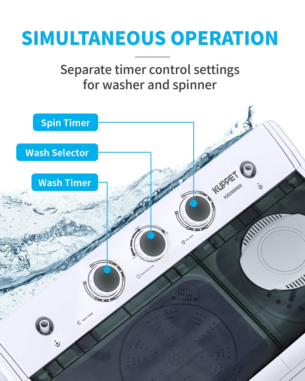 KUPPET Compact Twin Tub Portable Mini Washing Machine 21lbs Capacity, Washer(14.4lbs)&Spiner(6.6lbs)/Built-in Drain Pump/Semi-Automatic, White&Gray