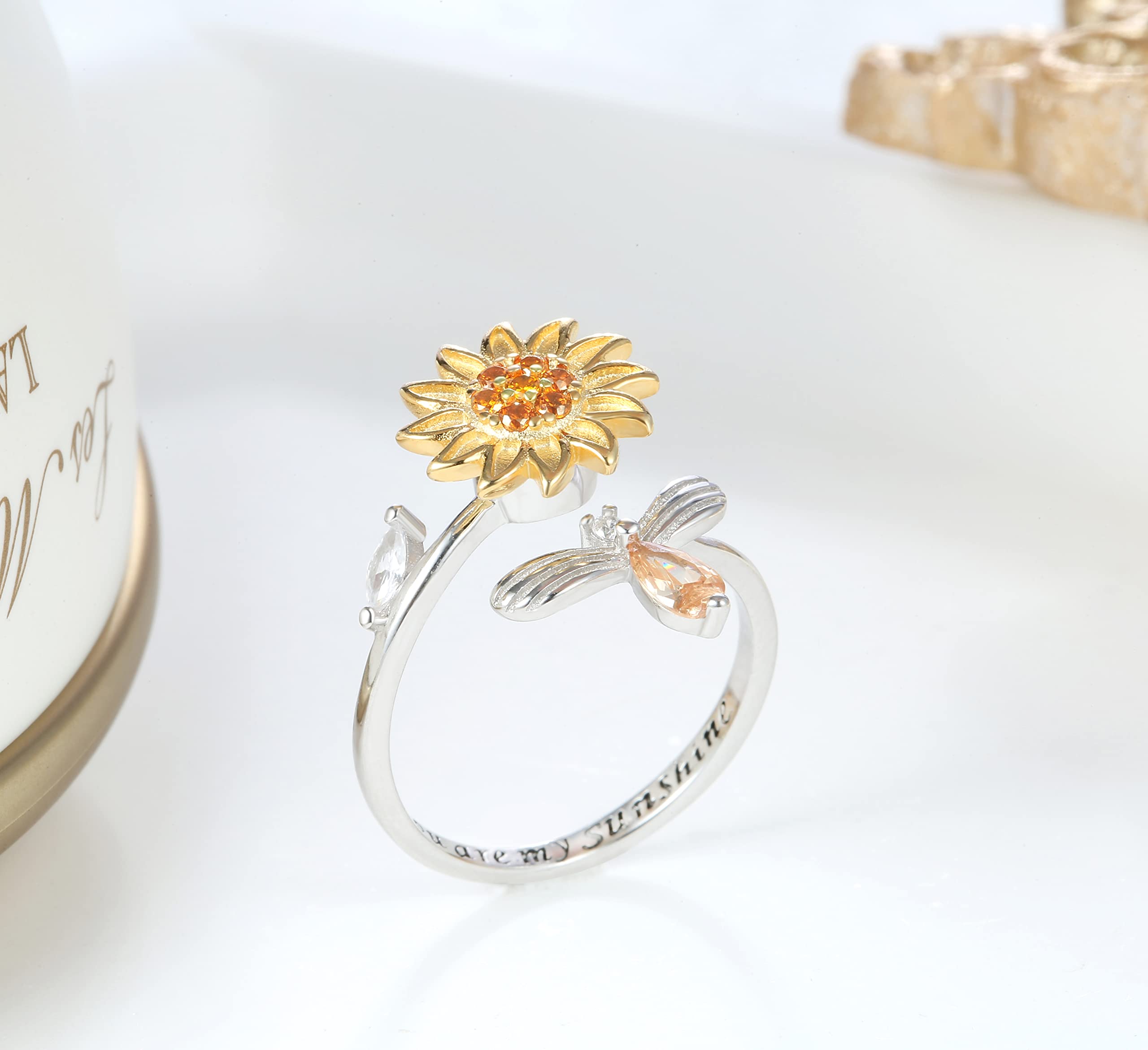 LYLYMIMI Sterling Silver Fidget Anxiety Rings for Women Adjustable Open Ring Cubic Zirconia Sunflower Spinner Jewelry -b