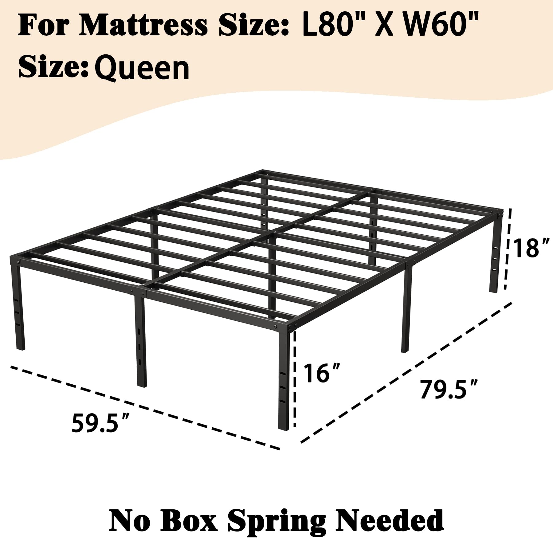 Jebosam 18 inch High Bed Frame Queen Size Heavy Duty Steel Support 2500 lbs Metal Queen Bed Frame No Box Spring Needed Non-Slip Noise Free Black Queen Platform Frame