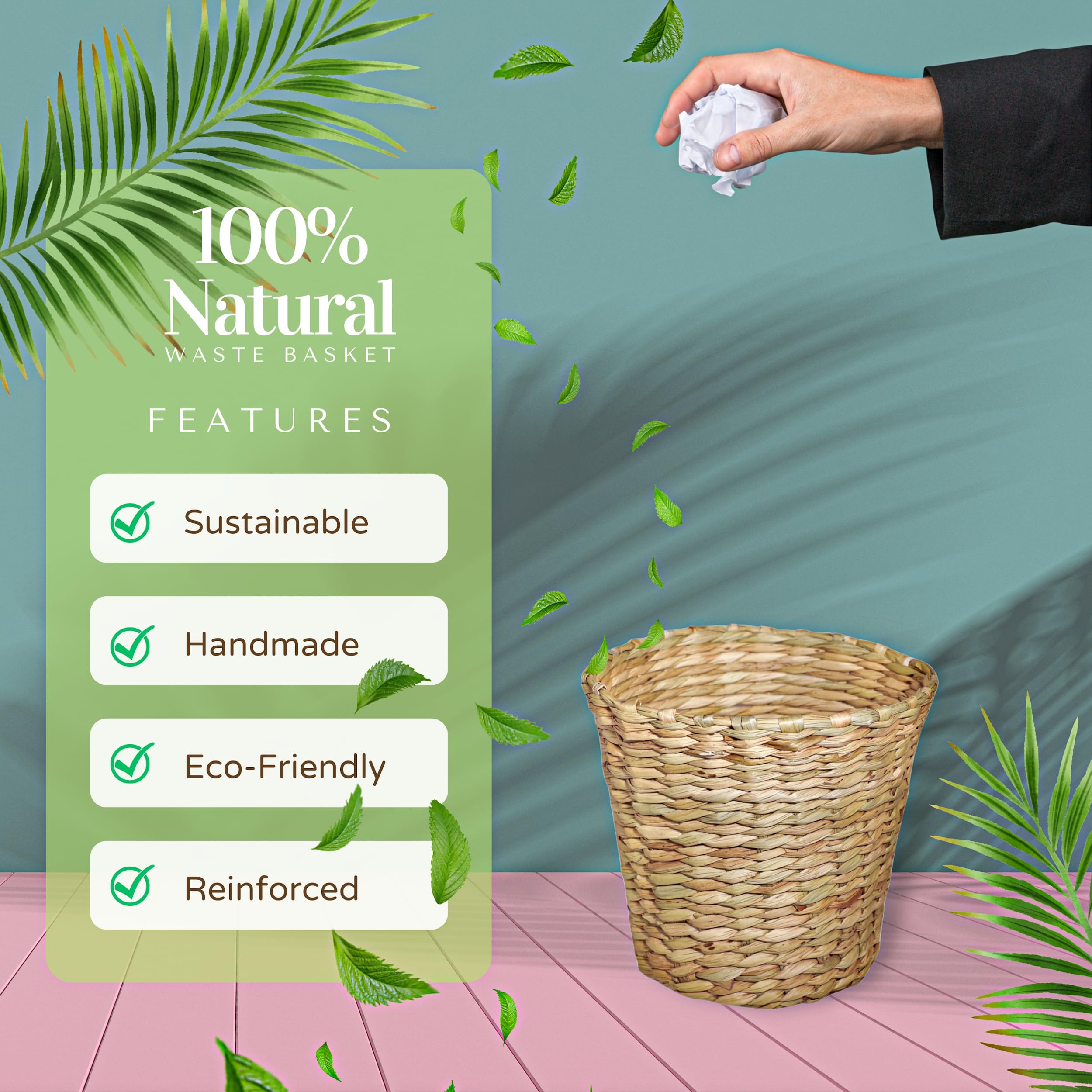 Woven Water Hyacinth Wicker Waste Basket, Natural Trash Basket (Natural)
