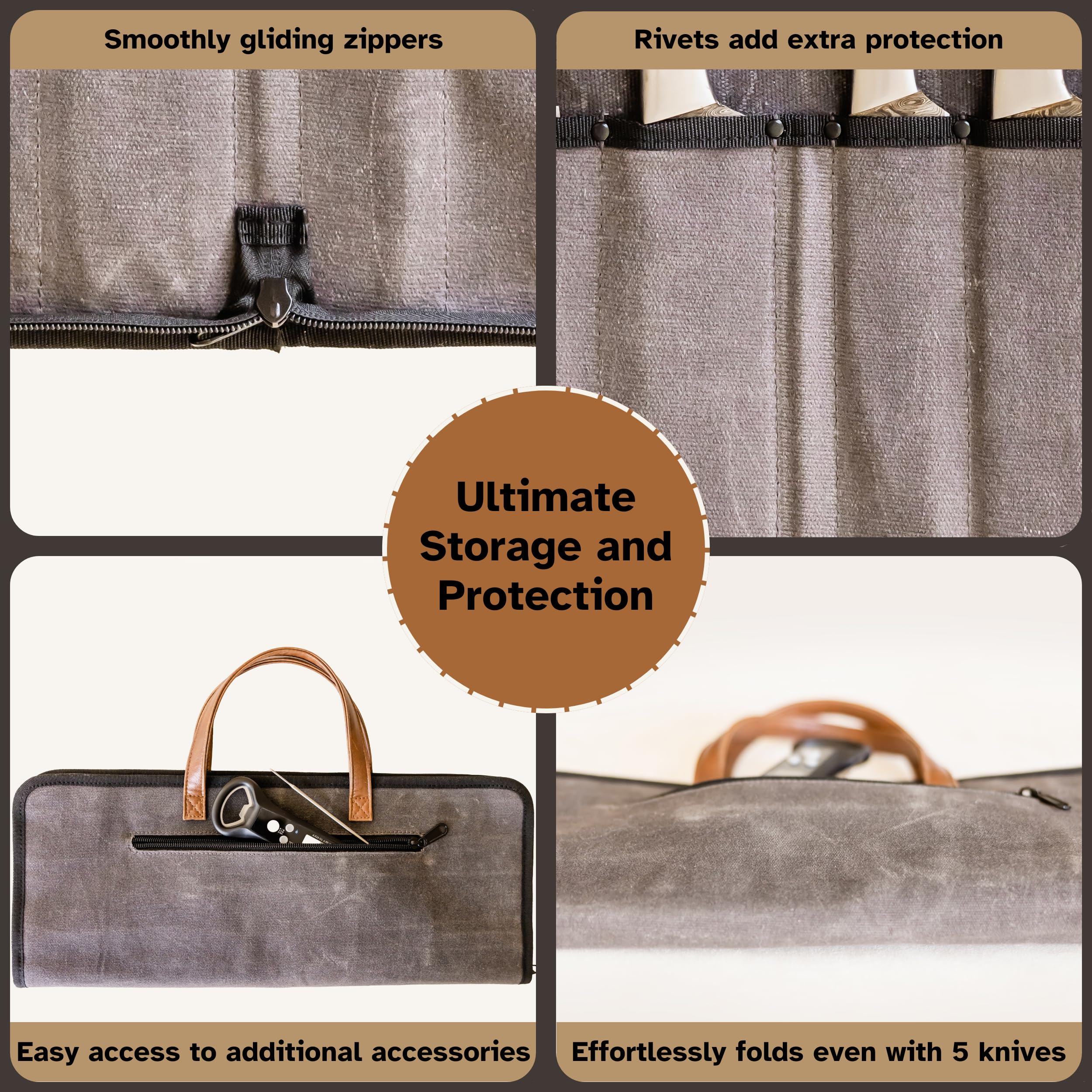 Knife Bag - Durable Waxed Canvas Chef Bag with zipper pocket & 5 slots for knives and kitchen tools, Knife roll for Knives & Kitchen Tools - Knife case for travel