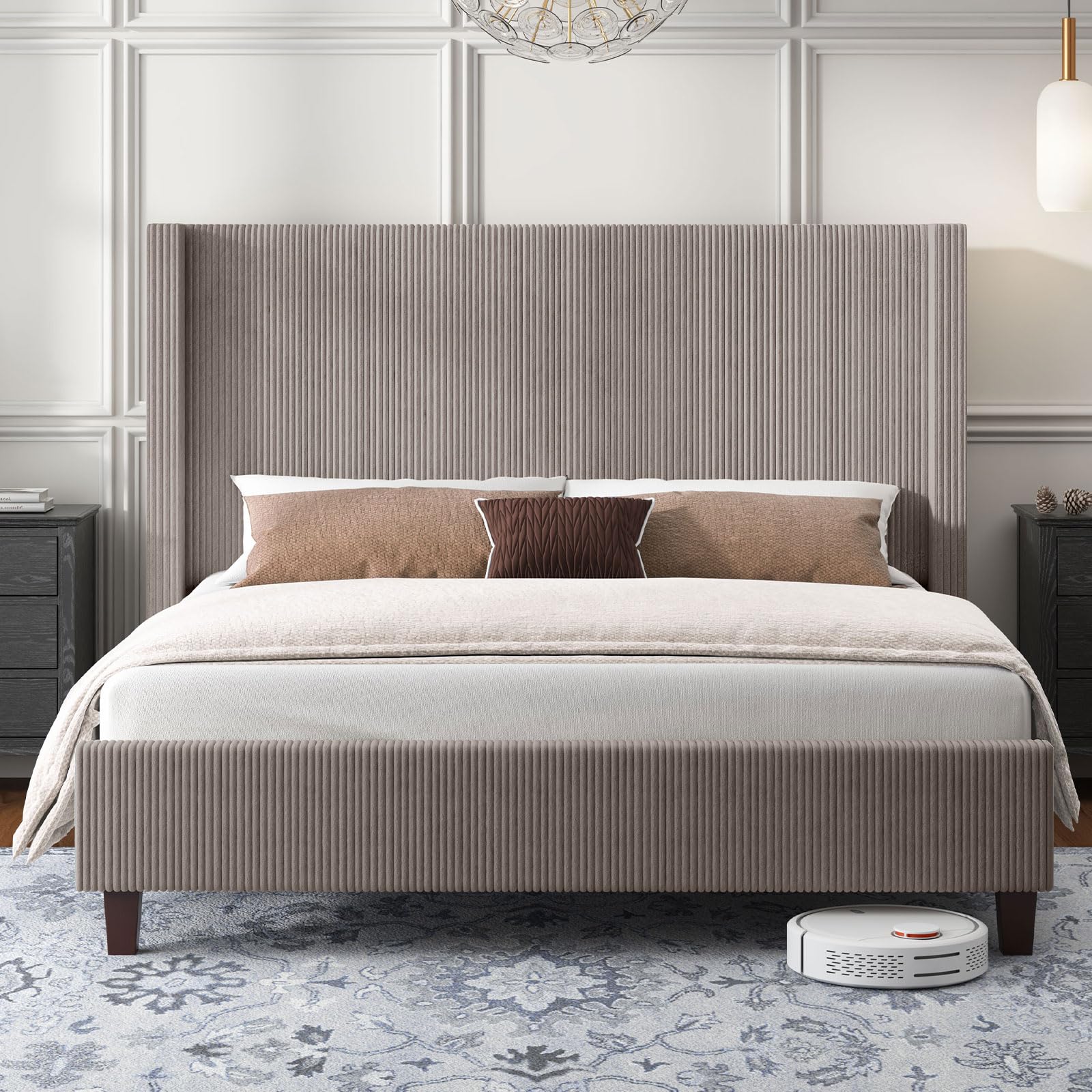 HOWE Queen Size Upholstered Platform Bed Frame, Wingback Bed with 50.8" Headboard, Corduroy/Solid Wood Leg/No Box Spring Needed/Noise Free/Taupe